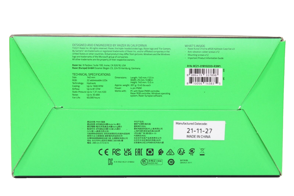 Razer Kunai Chroma 140mm 1600RPM Max ARGB and PWM Hydraulic Case Fans ...