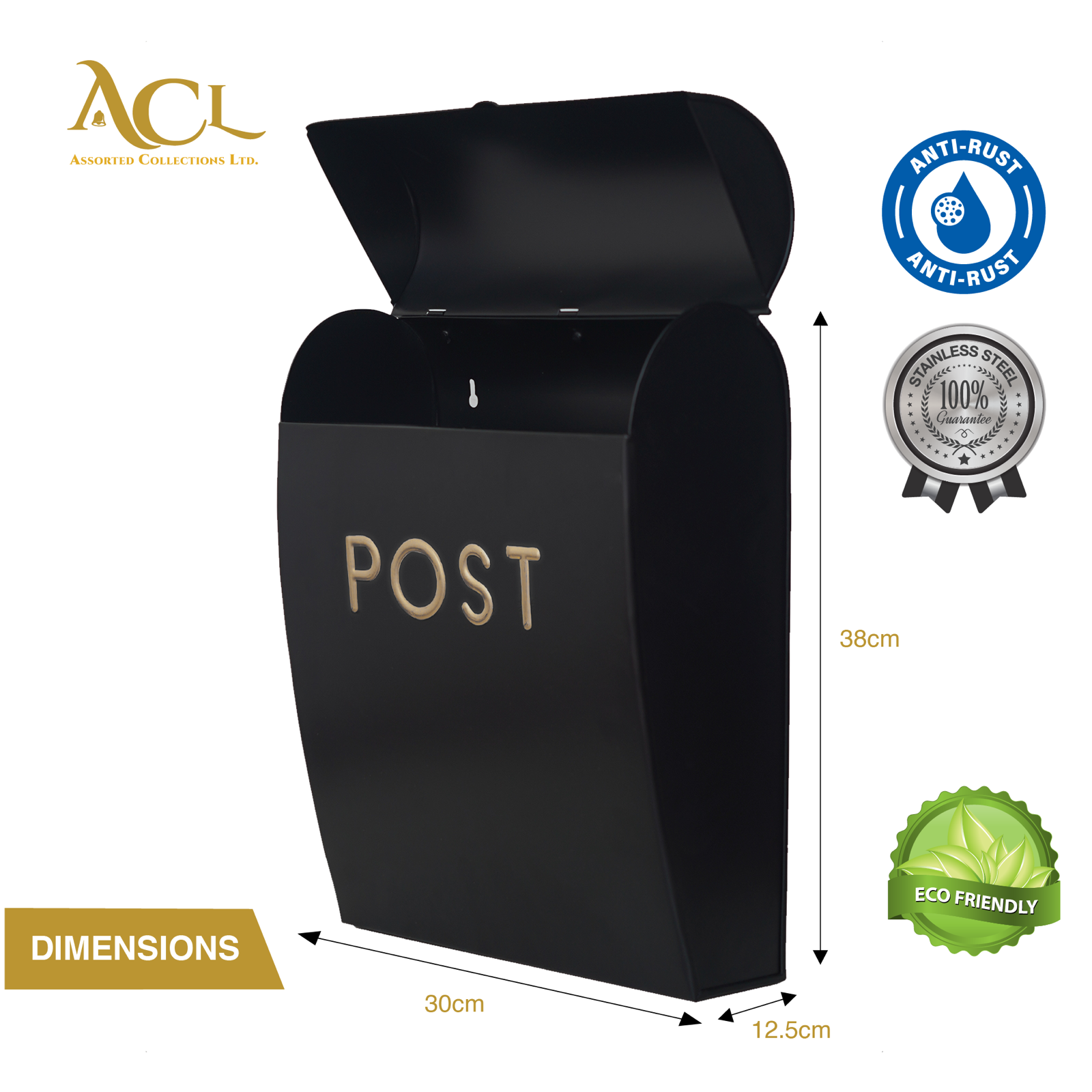 Post Box Black Wall Mounted Large Letter Mailbox With Flap Outdoor ...