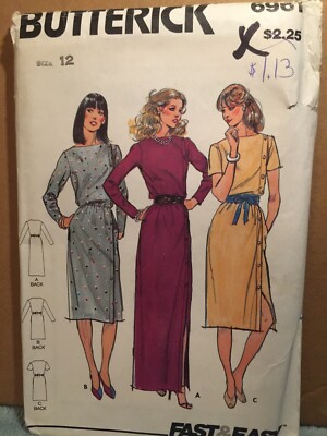 Butterick 6961 Sz 12 Loose Fitting Dress Elastic Waist Vintage Sewing ...