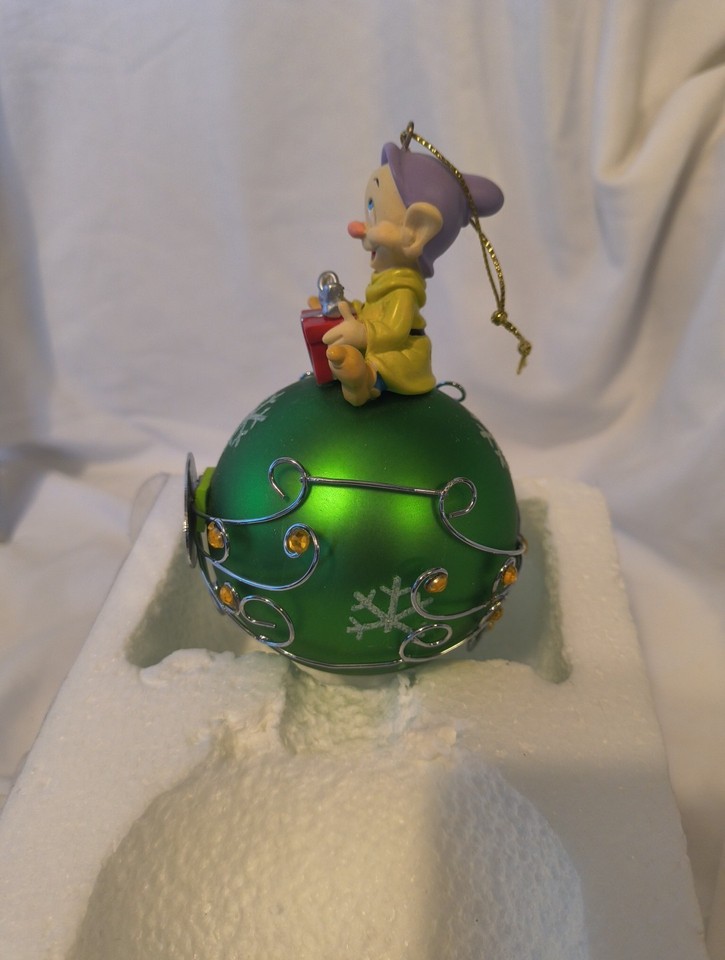 Disney 2006 Dopey Sitting on Glass Ornament w/Wire Wrap & Jeweled ...