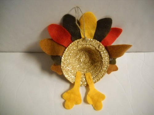 Thanksgiving Straw Hat Turkey W/ Felt Feathers & Legs 11" Hanging ...