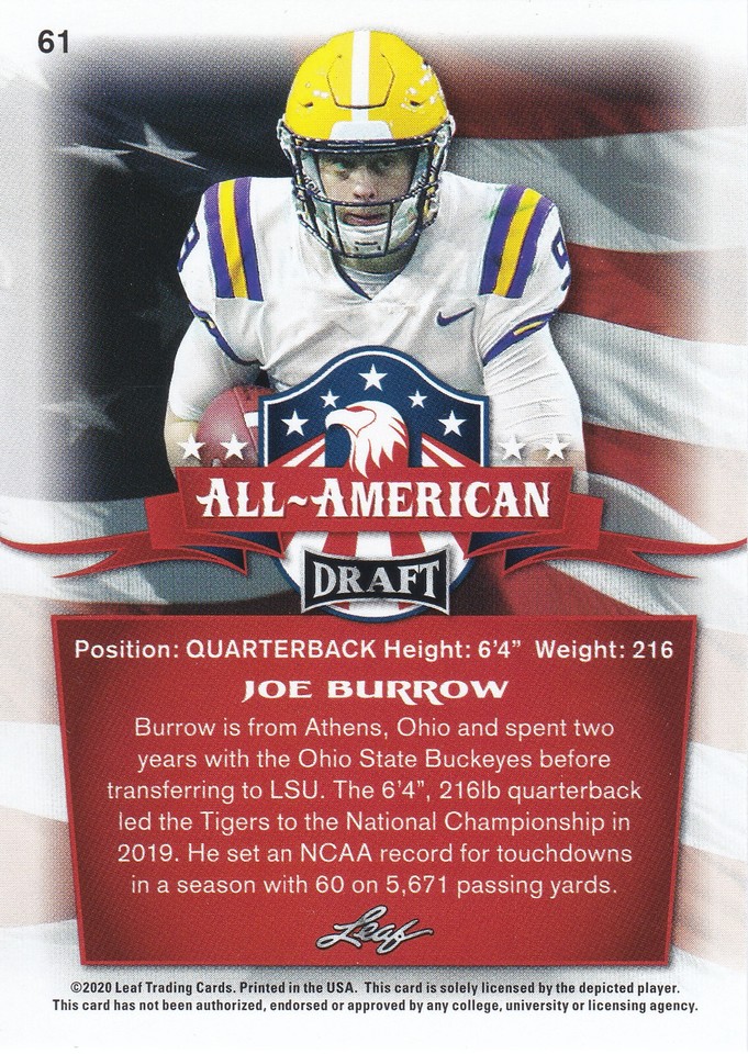 2020 Leaf Draft JOE BURROW All-American base card #61 | eBay