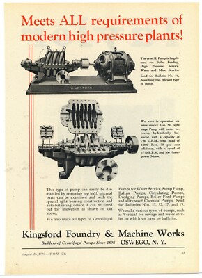 1930 Kingsford Foundry & Machine Works Ad: Type SL Pump Oswego, New ...