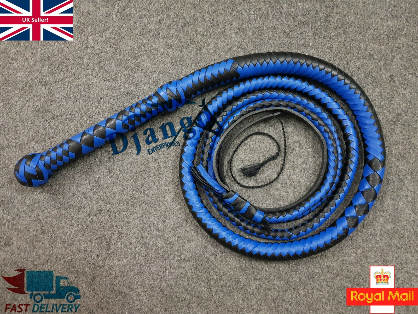 8 Feet Whip 12 Plaits Blue & Black Real Top Grain Leather Heavy Duty ...