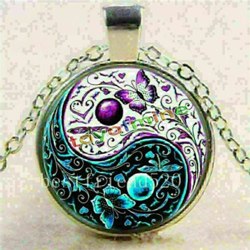 Ying Yang Butterfly Pendant Tibet Silver Chain Necklace Cabochon Glass ...