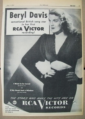Beryl Davis 1947 Ad-I Want To Be Loved/If My Heart Had A Window RCA ...