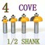 4pc 1/2" Shank Radius 1/2",3/8",1/4",1/8" Cove Convex Router Bit Set ...