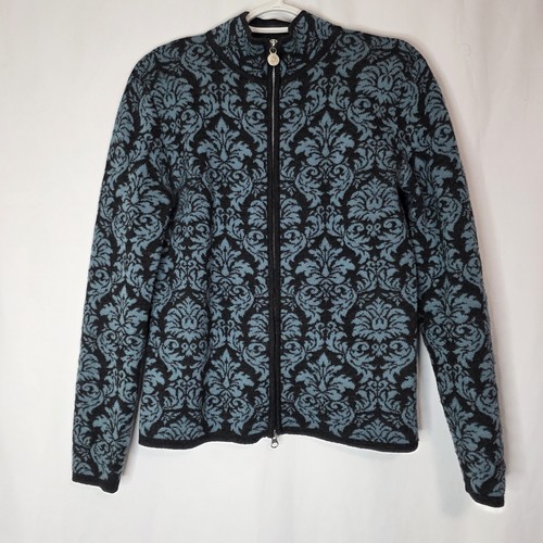 100% Wool Zip Sweater Jacket Blue Black Nordic Chalet Ski Lodge Damask ...