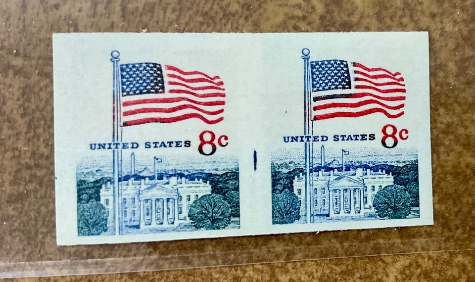 US Sc# 1338Gh NH 8c flag coil imperf pair error partial line and color ...