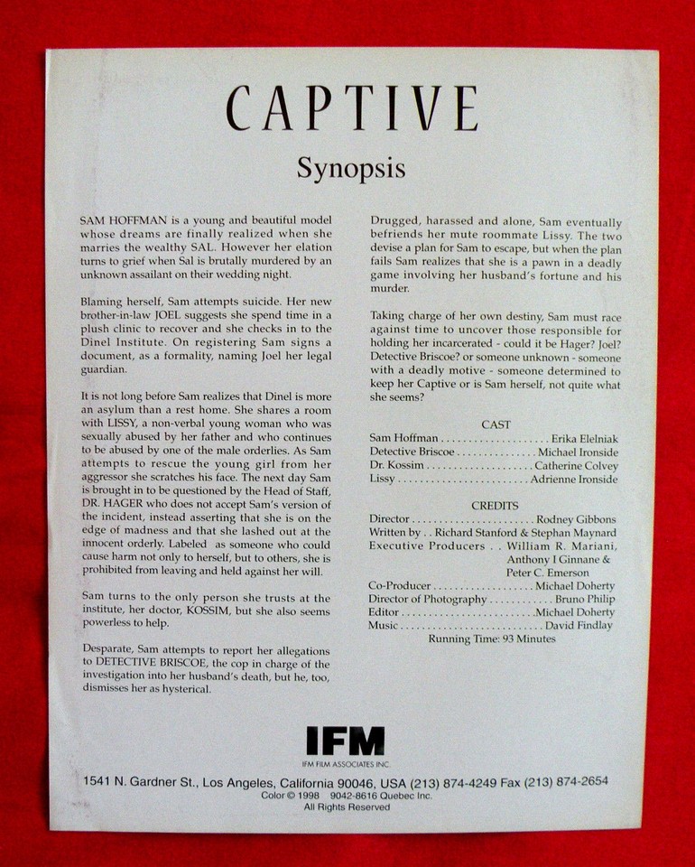 CAPTIVE 1998 ERIKA ELENIAK MICHAEL IRONSIDE CATHERINE COLVEY US MOVIE ...
