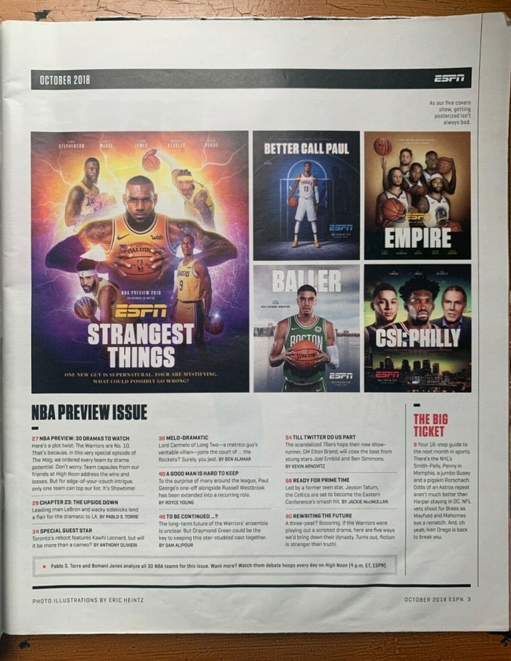 ESPN MAGAZINE Oct 2018 Paul George NBA PREVIEW Lebron Kahwi Carmelo ...
