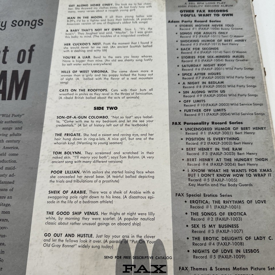 Vintage Adam Stag Party 8 A Night In Bedlam Vol 3 Cheesecake Cover Lp ...