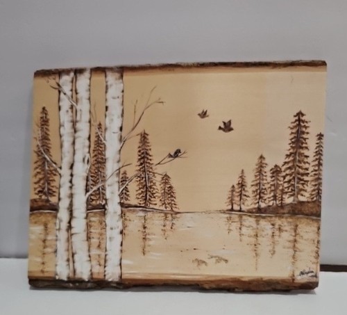 Signed Pyrography Wood Burning Wood Art Birch & Pine Trees Birds Water/A/79 | eBay