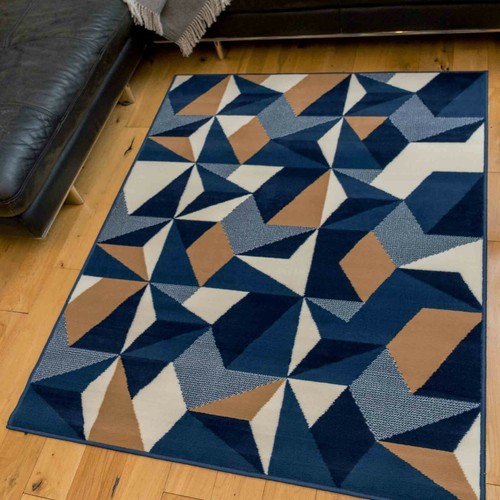 Navy Blue Geometric Rug for Living Room | Grey Stylish Extra Long ...