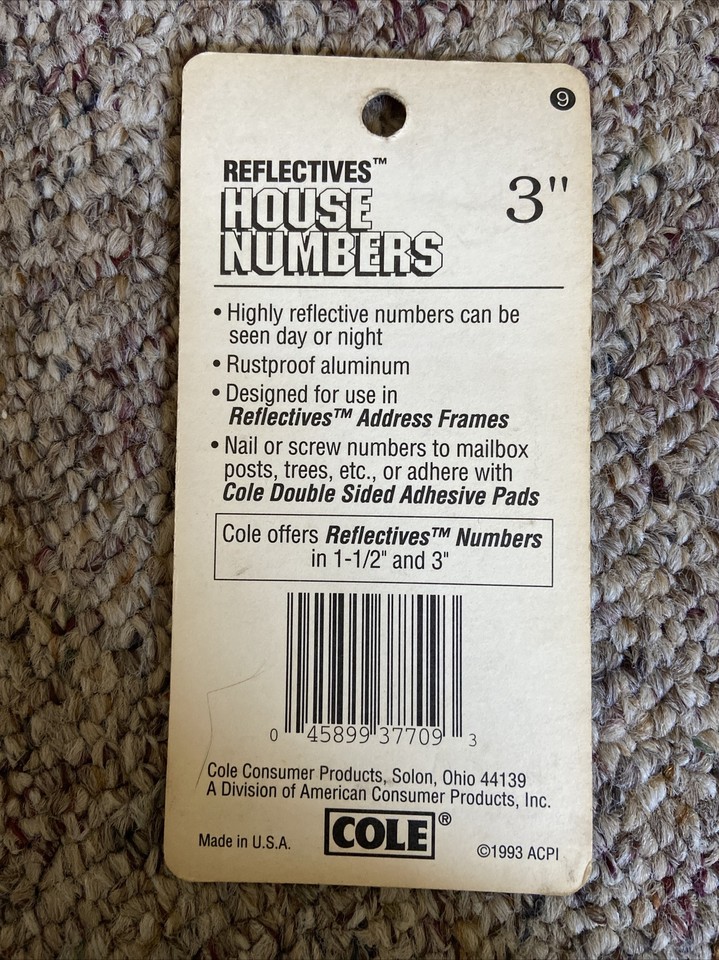 COLE 3-Inch Aluminum Reflective Mailbox Number 9 Visible 100Ft. Day or ...