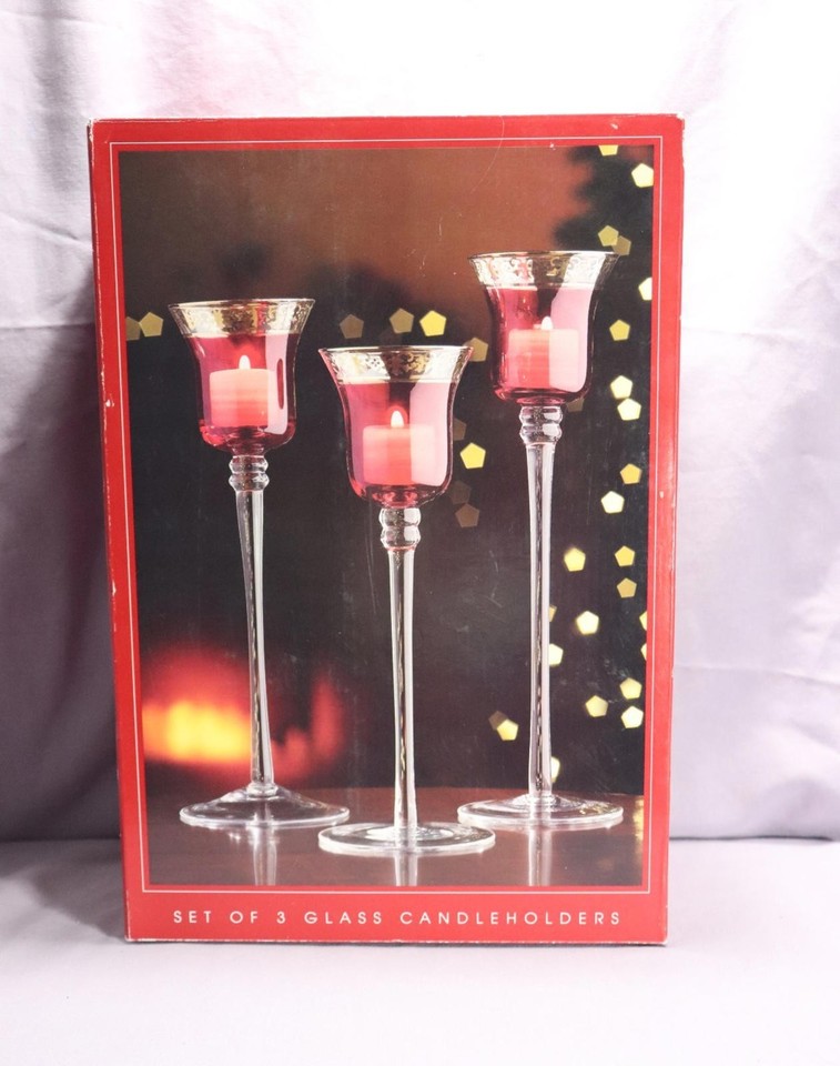 Christmas Holiday Glass Candleholders Red Gold Trim Set of 3 Vintage JC ...