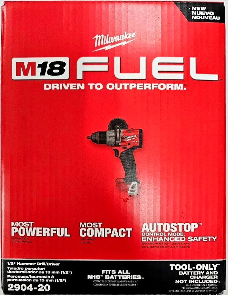 NEW N BOX Milwaukee FUEL 2904-20 M18 1/2" Hammer Drill, W/ 2) 5.0 AH ...