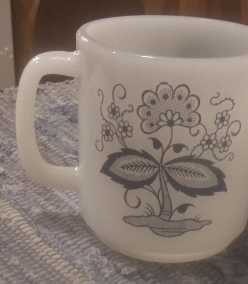 Vintage "Glasbake" 8 Oz Coffee Mug Cup Blue-Green Onion Flower White ...