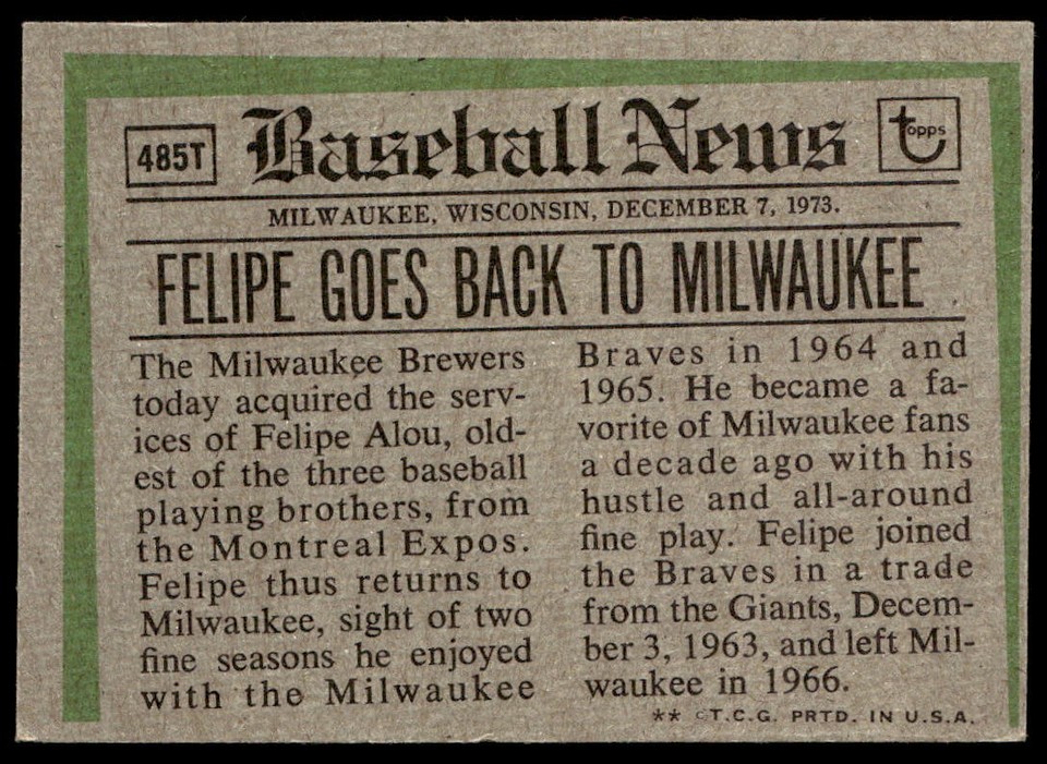 1974 Topps #485T Felipe Alou Baseball Milwaukee Brewers | eBay