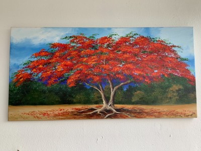 Large Red “Flamboyan” Tree Painting Acrylic on Canvass created in ...