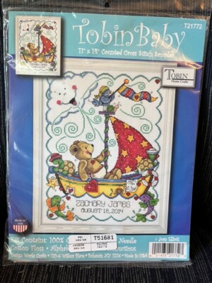 Cross Stitch Kit ~ Tobin Sail Away Cute Teddy Bear Baby Birth Sampler # ...