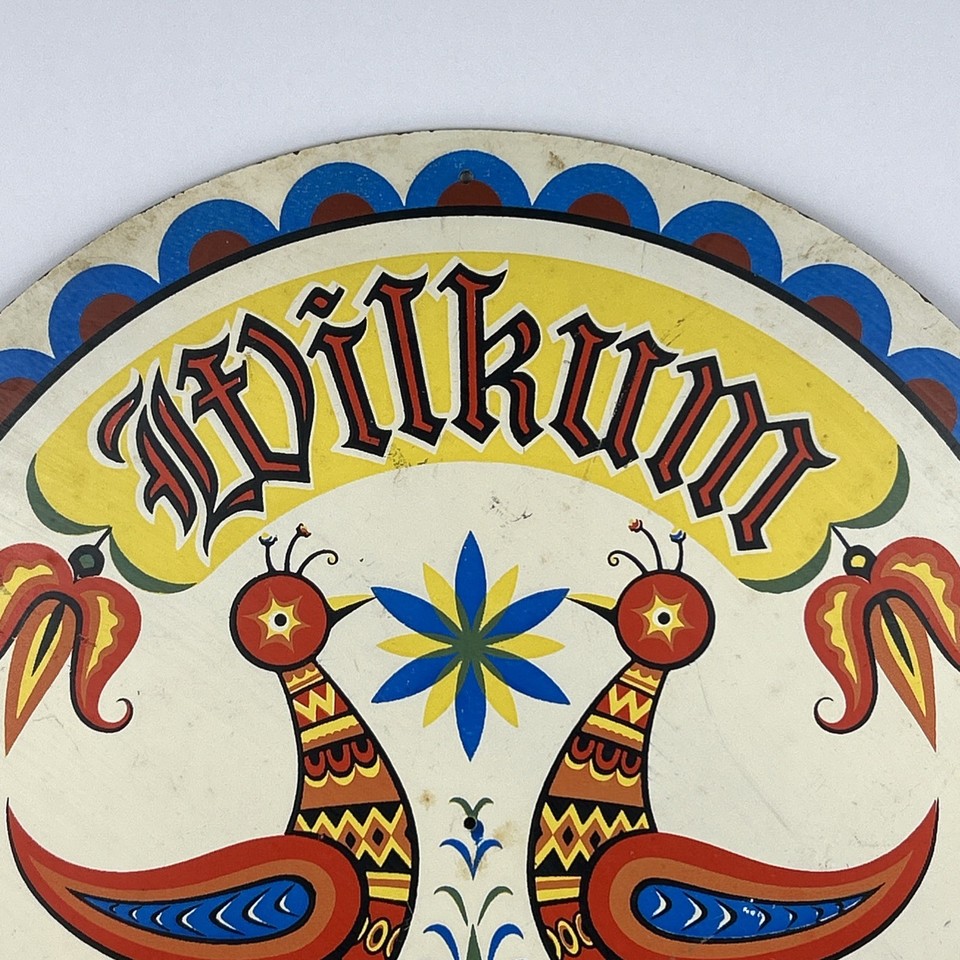 Vintage Wilkum (“Welcome”) Hex Sign 15.5” Round PA Dutch Folk Art Birds ...