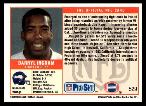 1989 Pro Set Darryl Ingram #529 Minnesota Vikings NFL Football | eBay