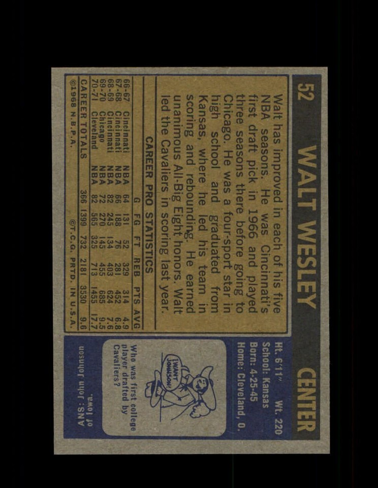 1971 WALT WESLEY TOPPS #52 CAVALIERS *7923 | eBay
