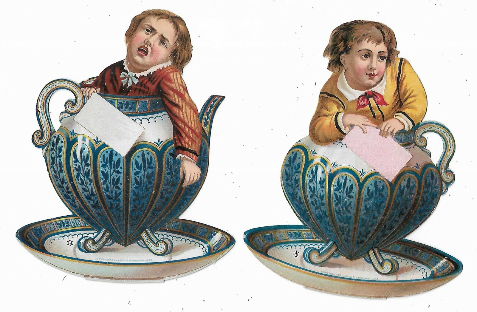 1883 Two Victorian Color Lithograph DIE CUT Children Tea Cups James Harrison | eBay