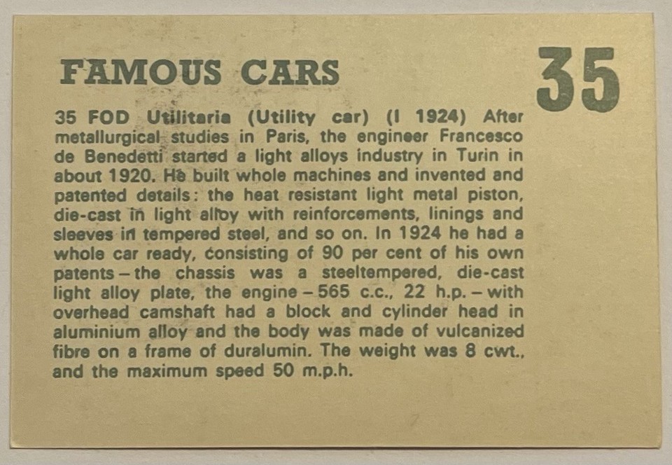1971 Famous Cars Trading Card~FOD Utilitaria~Italy~Card 35. 224 | eBay