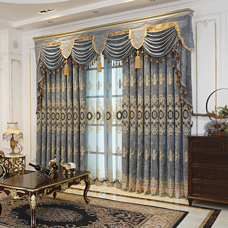 Custom thick Chenille embroidered blue cloth curtain tulle valance ...