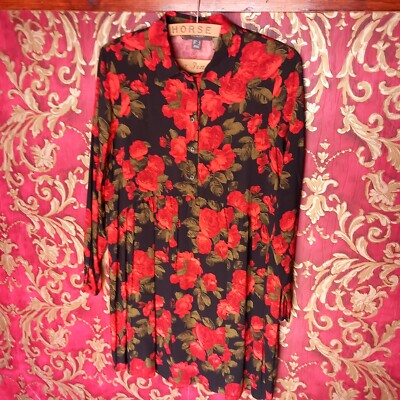 PRIMARK SIZE 12 Ladies Black Smock Blouse With Bright Red Roses | eBay UK