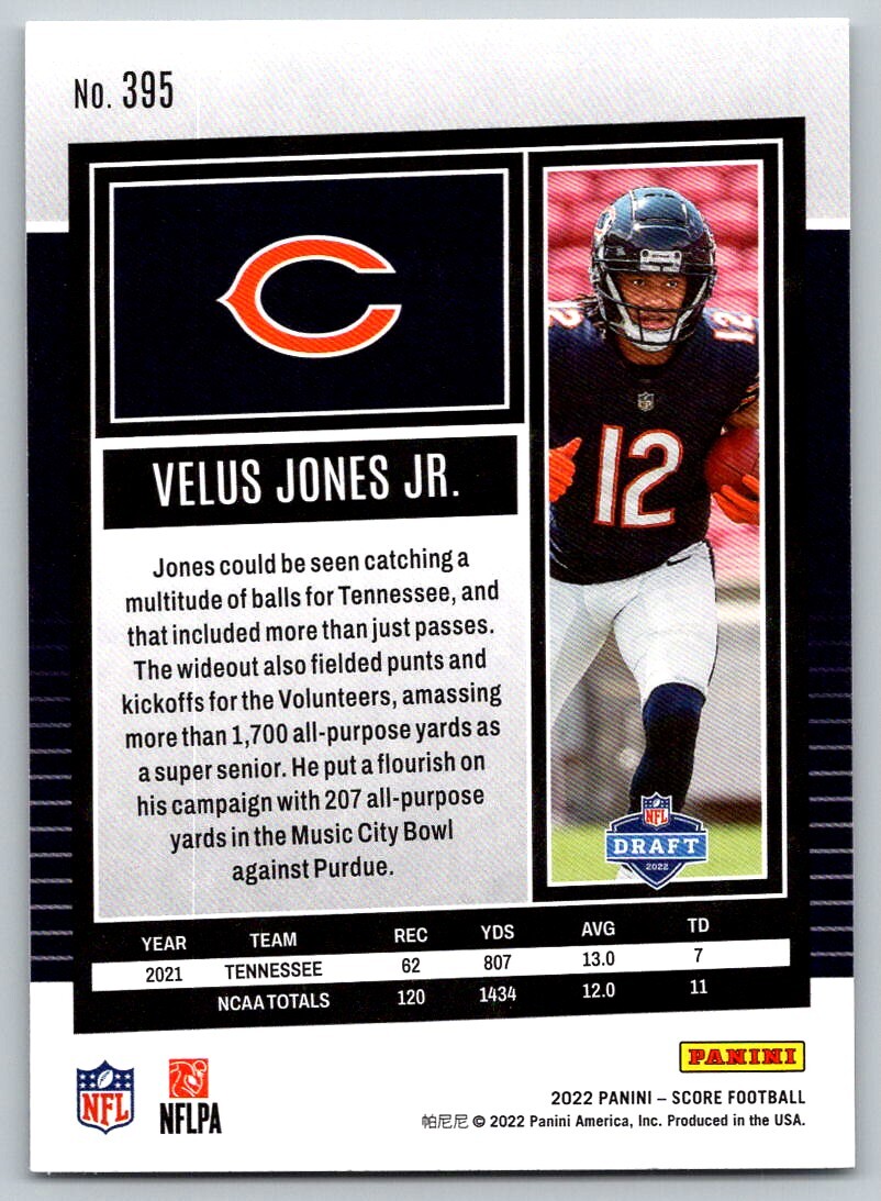 2022 PANINI SCORE FOOTBALL VELUS JONES JR. ROOKIE CARD RC CHICAGO BEARS ...