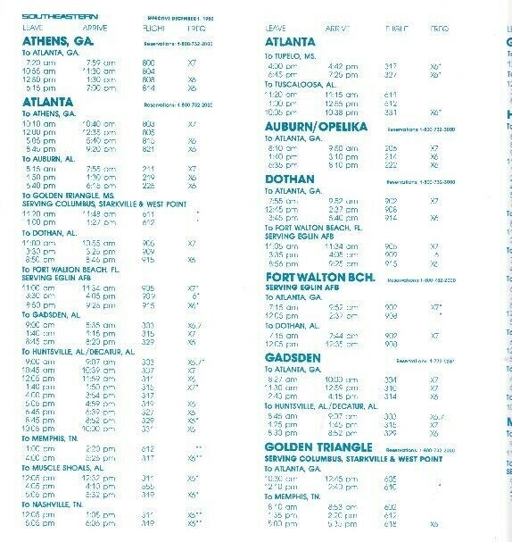 Southeastern Airlines timetable 1982/12/01 | eBay