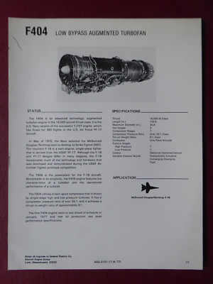1977 DOCUMENT GENERAL ELECTRIC F404 AUGMENTED TURBOFAN MCDONNELL F-18 ...