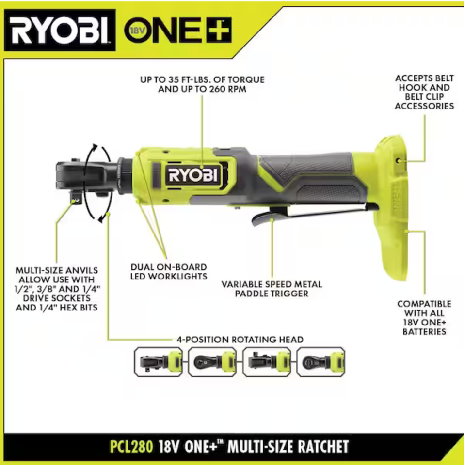 RYOBI ONE+ 18V Cordless Multi-Size Ratchet (Tool Only) PCL280B OPEN BOX ...