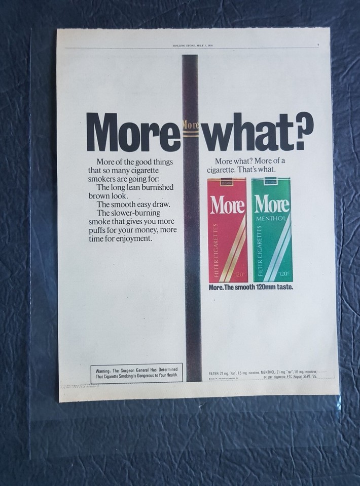 More Cigarettes Promo Print Advertisement Vintage 1976 | eBay