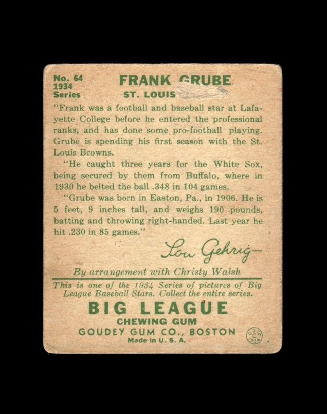 1934 Goudey Set-Break # 64 Frank Grube LOW GRADE (filler) *GMCARDS* | eBay