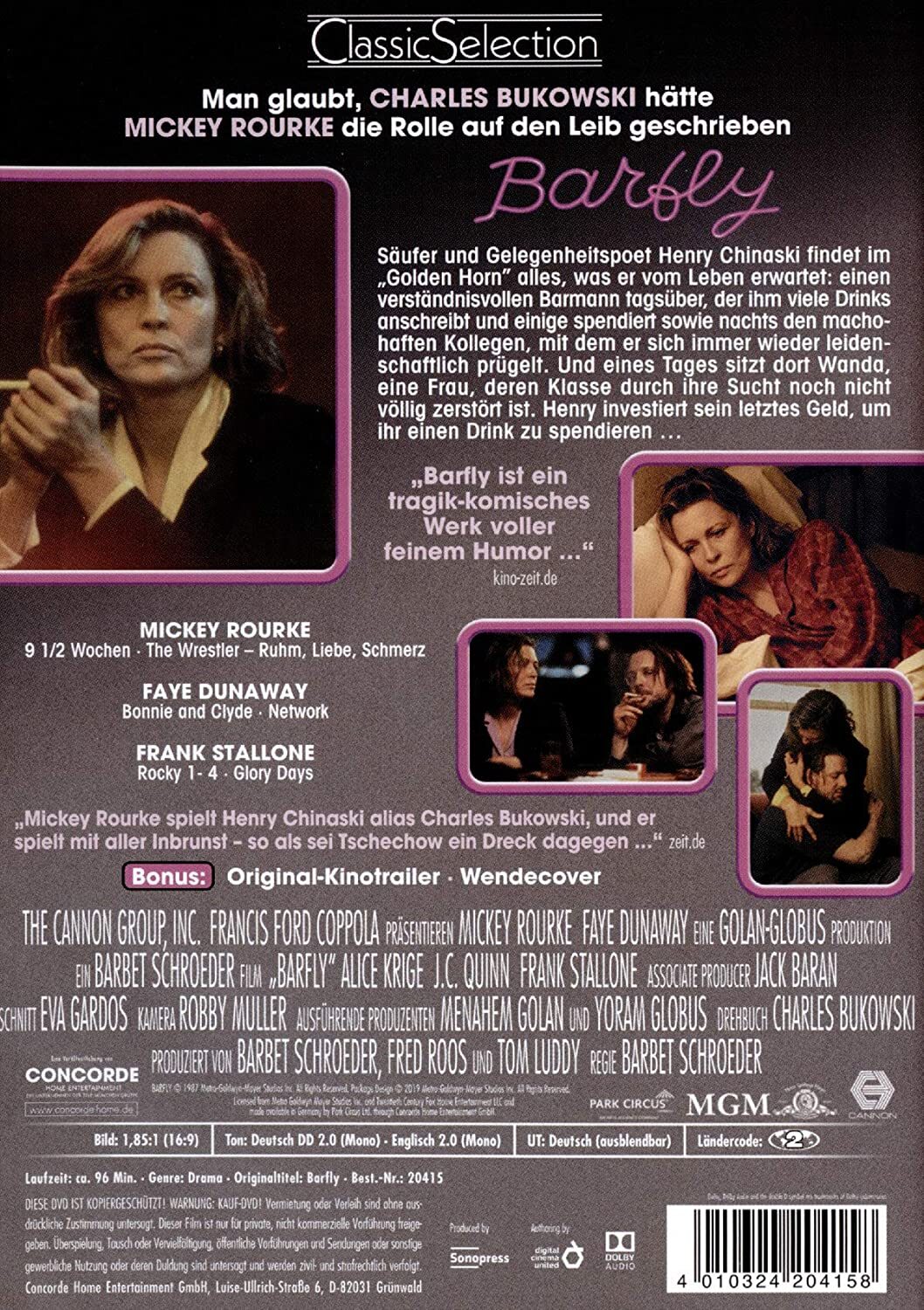 Barfly (DVD) Mickey Rourke Faye Dunaway Frank Stallone Alice Krige Jack ...