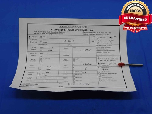 M3.5 X .6 6H METRIC THREAD PLUG GAGE 3.5 0.6 GO ONLY P.D. = 3.110 ...