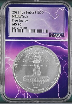 2021 NGC MS 70 1 oz Silver Nikola Tesla Free Energy Wardenclyffe Tower ...