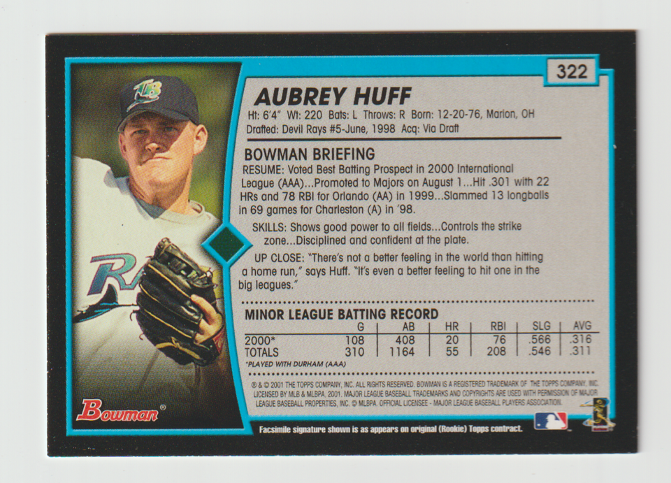 2001 Bowman Baseball #322 Aubrey Huff - Tampa Bay Devil Rays | eBay
