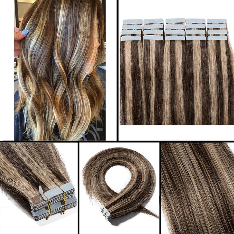 real Remy Human Hair Extensions 20pcs 16-30inch Seamless Tape In Skin ...