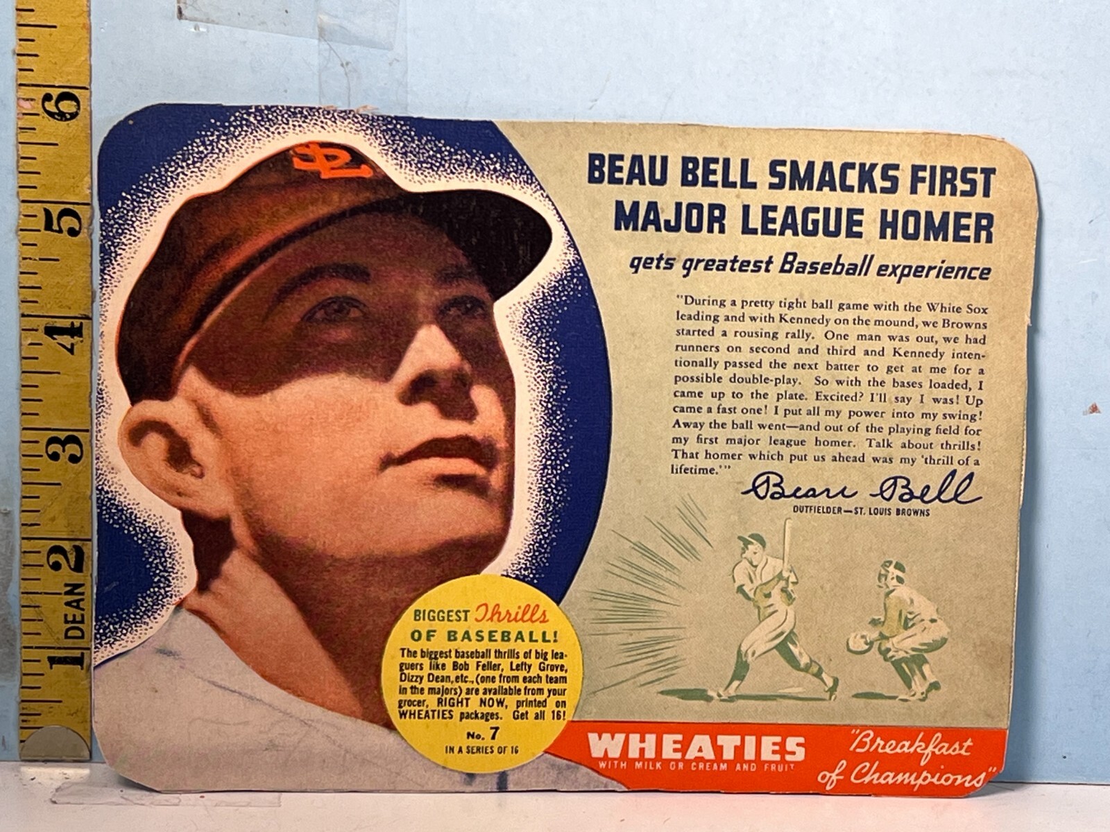 1938 Wheaties Cereal Panel Beau Bell Baseball Thrills #7 Breakfast of ...