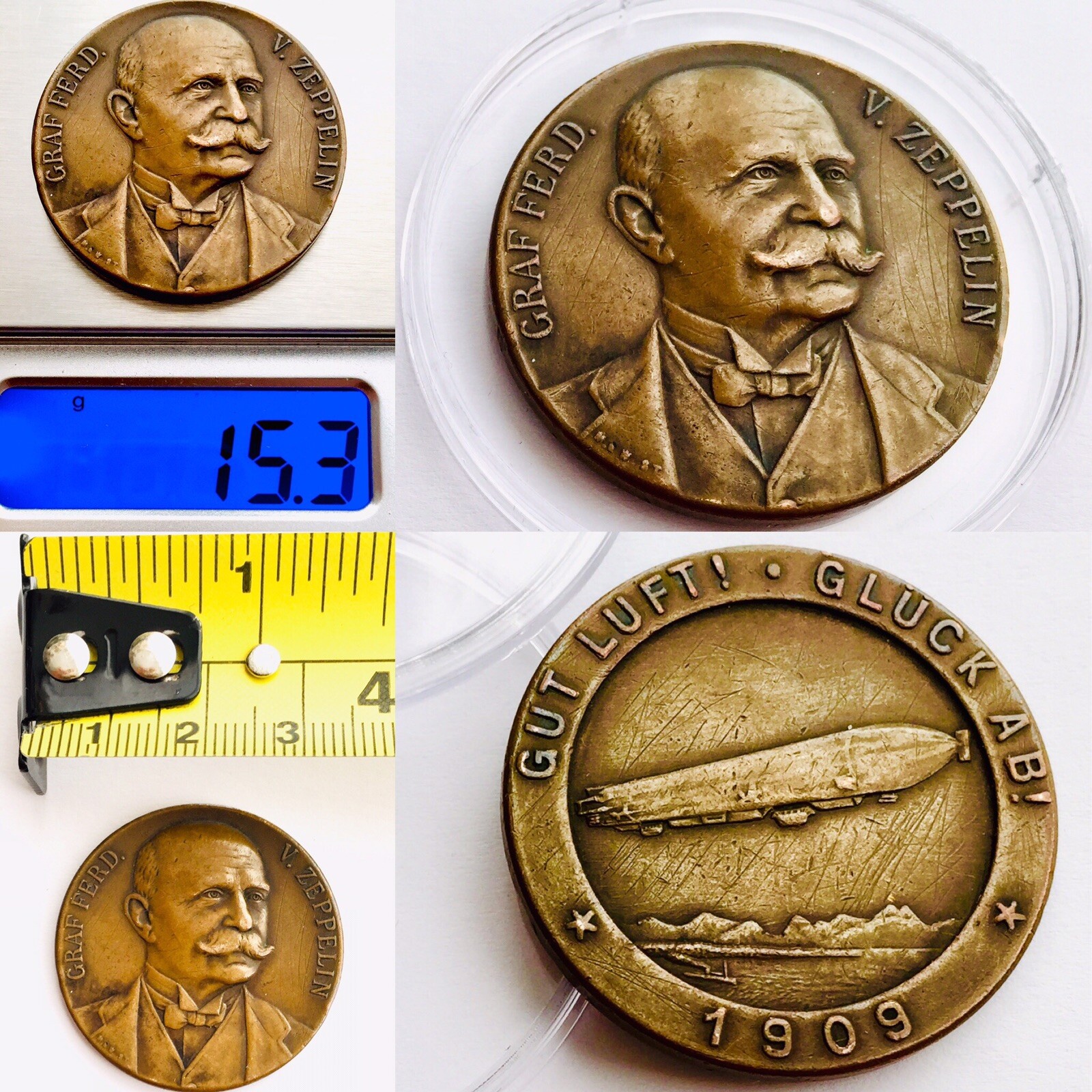 Rare 1909 Graf Ferd V Zeppelin Bronze Medal Berlin flight of the Z III ...