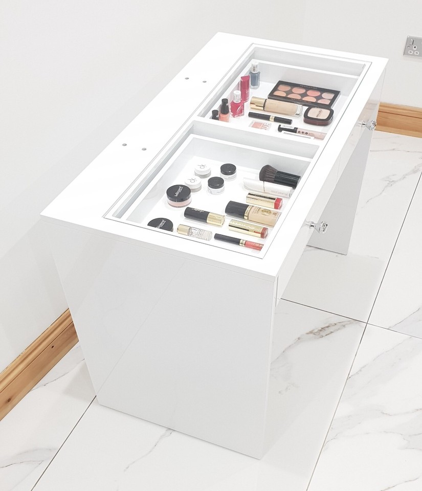 Dressing Table Vanity Station Clear Tempered Glass Top High-Gloss Pro ...