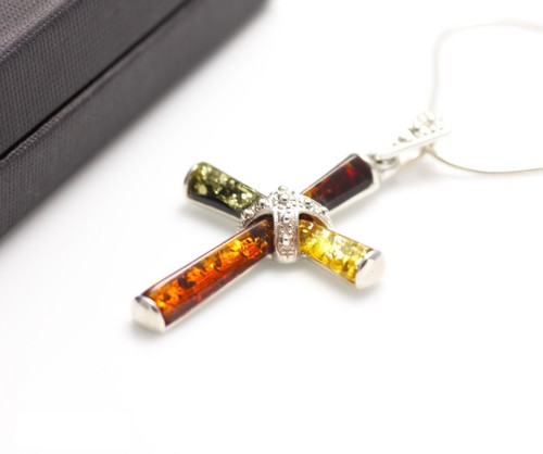Natural Baltic Amber Sterling Silver Multicolored Cross 925 Pendant ...