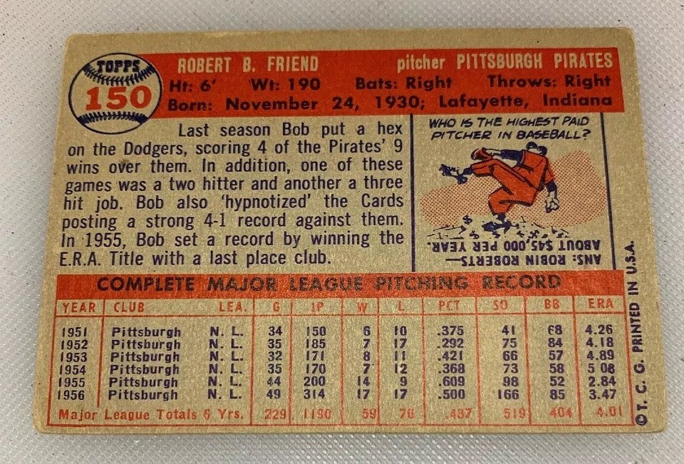 1957 Topps # 150 Bob Friend Baseball Card Pittsburgh Pirates | eBay