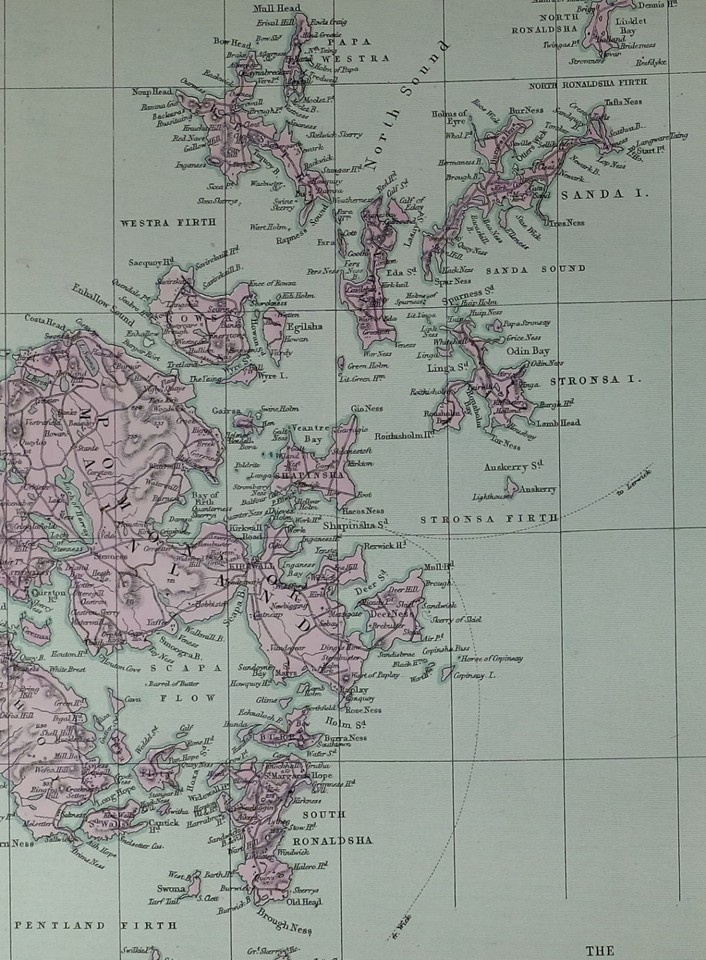 1891 ANTIQUE MAP ORKNEY ISLANDS POMON MAINLAND SANDA ~ SHETLAND ISLANDS ...