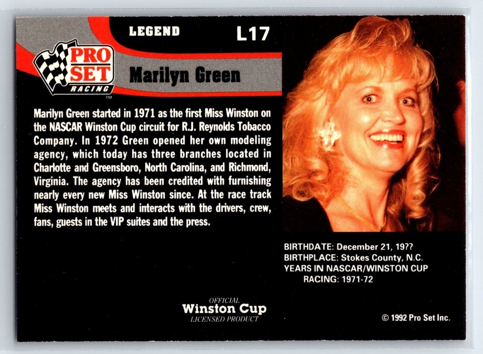 1992 Pro Set Marilyn Green Miss Winston Legends Insert #L17 | eBay